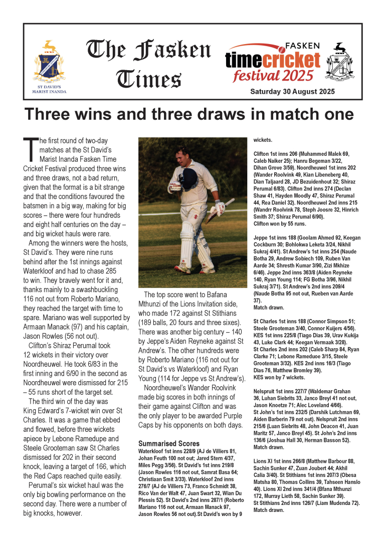 FASKEN TIMES NEWSLETTER 3 (DAY 2 WRAP-UP) – St David's Marist Inanda